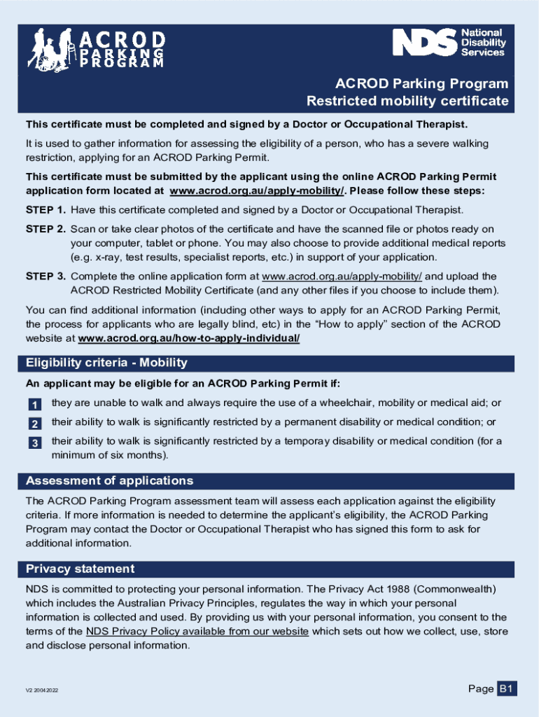 Fillable Online ACROD Parking Permit Restricted mobility certificate ...