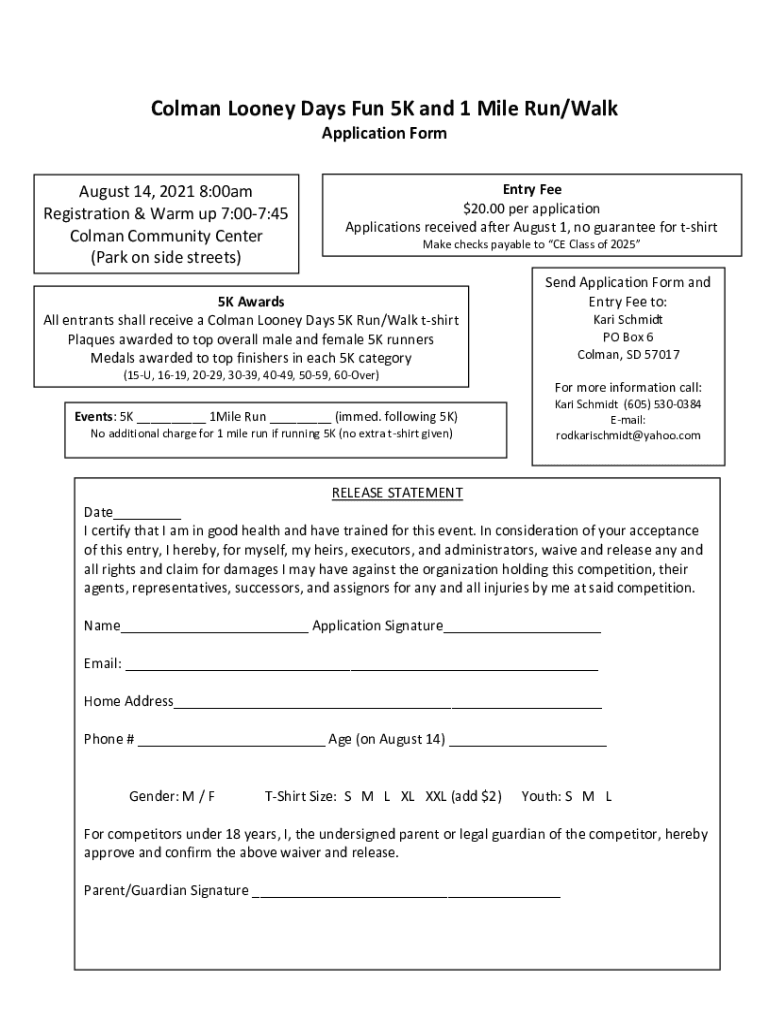 Fillable Online 5k sign up sheet - Looney Days Celebration - Colman, SD ...