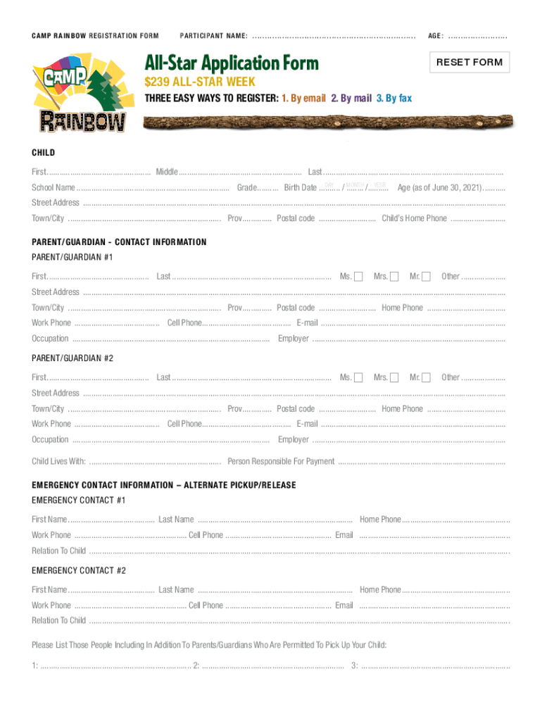 Fillable Online All-Star Application Form CAMP CAMP CAMP - Rainbow Stage Fax Email Print - pdfFiller