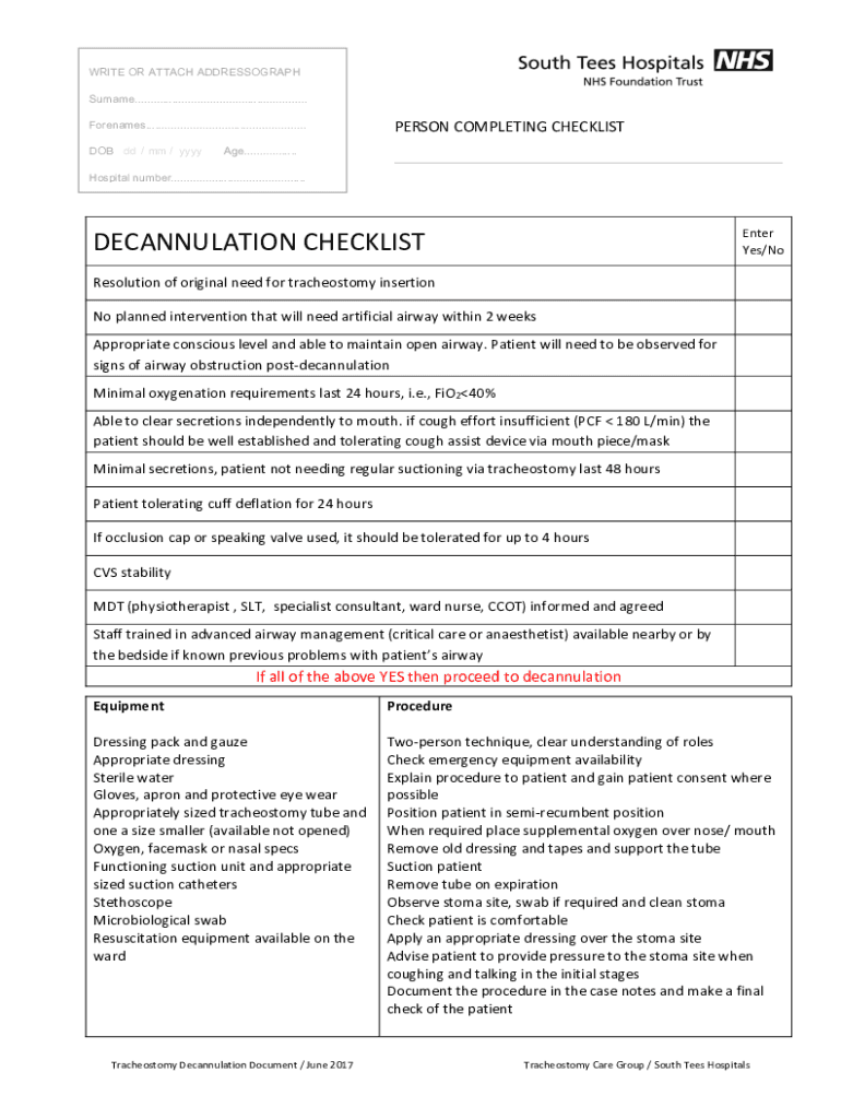 Fillable Online DECANNULATION CHECKLIST - CRITICAL CARE SERVICES Fax ...