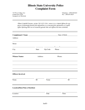 Fillable Online Illinois State University Police Complaint Form Fax ...