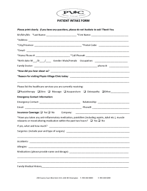 Fillable Online PATIENT INTAKE FORM - Physio Village Fax Email Print ...