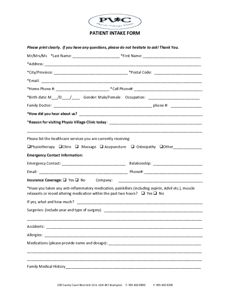 Fillable Online PATIENT INTAKE FORM - Physio Village Fax Email Print ...