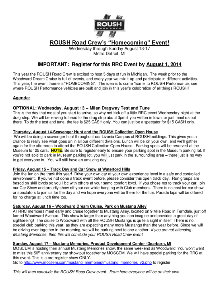 Fillable Online ROUSH Road Crew 25th Anniversary Homecoming Event Fax ...