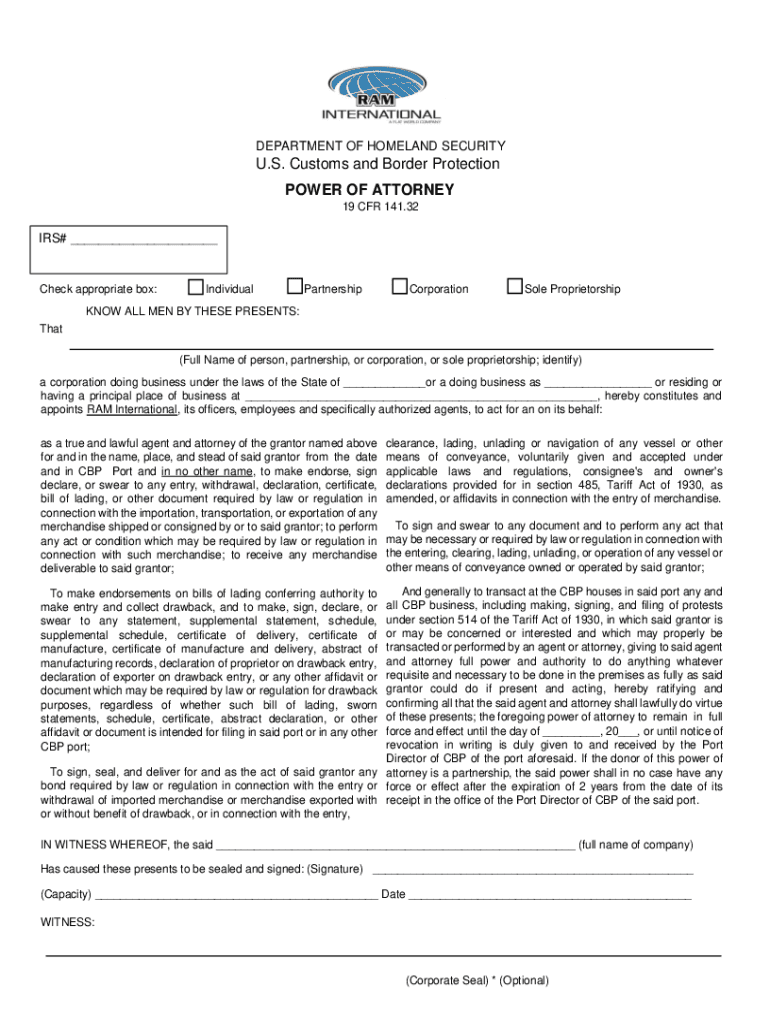Fillable Online U.S. Customs and Border Protection POWER OF ATTORNEY ...