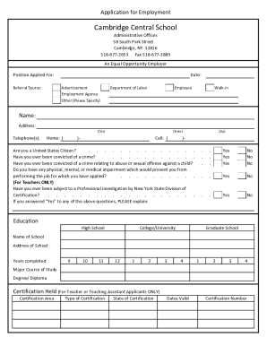 Fillable Online Application for Employment - Cambridge Central School ...