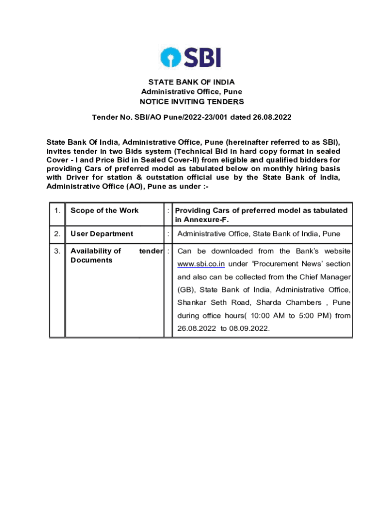 Fillable Online STATE BANK OF INDIA Administrative Office, Pune NOTICE ...