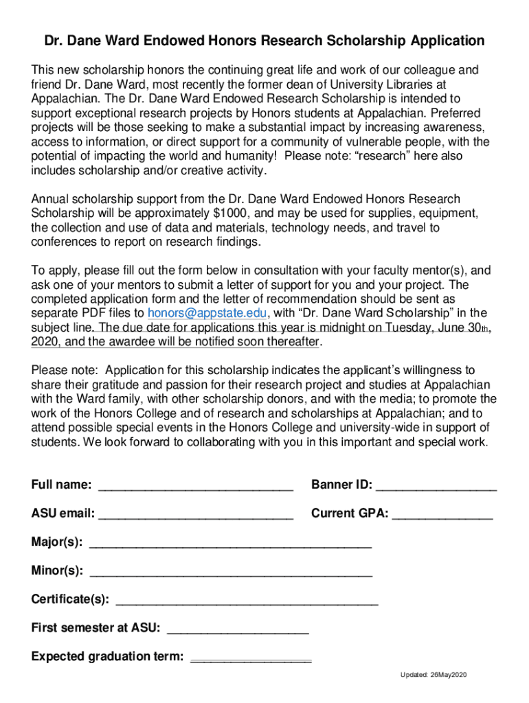 Fillable Online Dr. Dane Ward Endowed Honors Research Scholarship Fax ...
