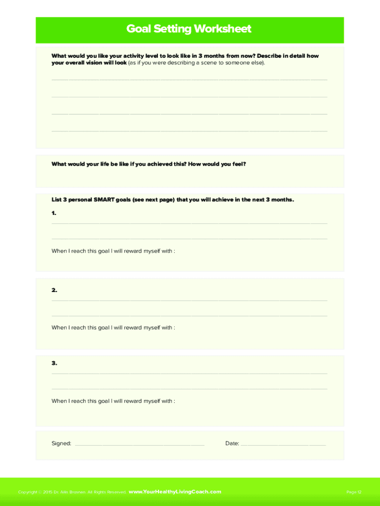 Fillable Online Goal Setting Worksheet - Dr Ailis Brosnan Fax Email ...