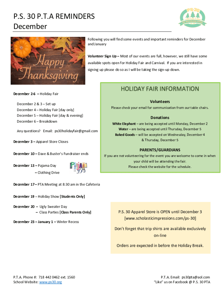 Fillable Online December.January PTA Reminder - P.S. #30 The ...