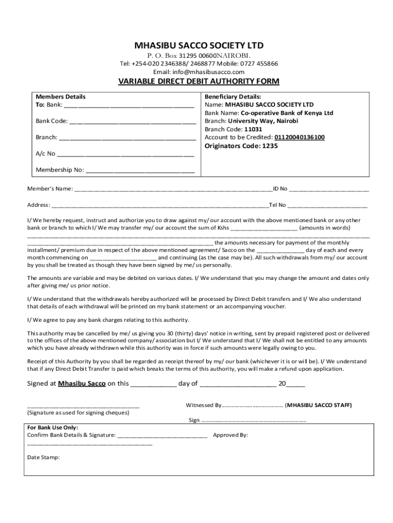 Fillable Online Direct Debits Forms mhasibu sacco Fax Email Print ...