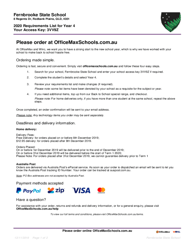 Fillable Online Fernbrooke State School-10657447-Year 4-General Requirements.pdf. Fernbrooke ...