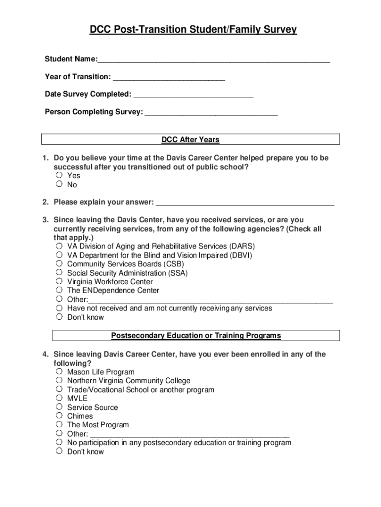 Fillable Online Parent Questionnaire for Transition Planning with Cover ...