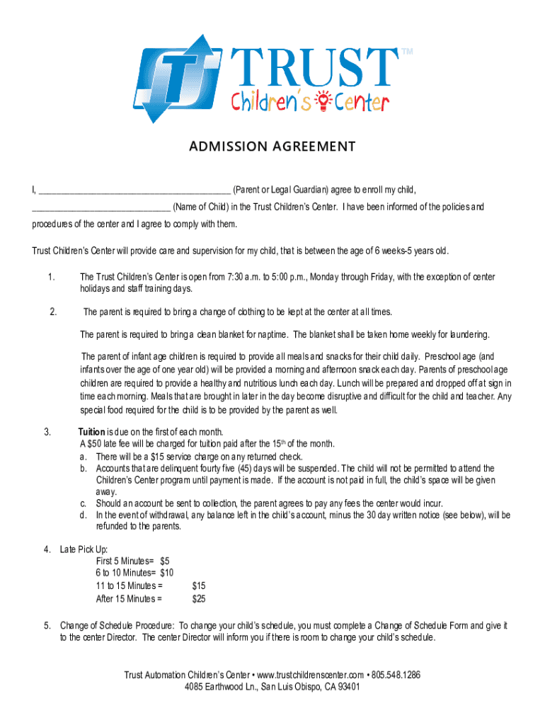 Fillable Online ADMISSION AGREEMENT Preschool - SharpSchool Fax Email Print - pdfFiller