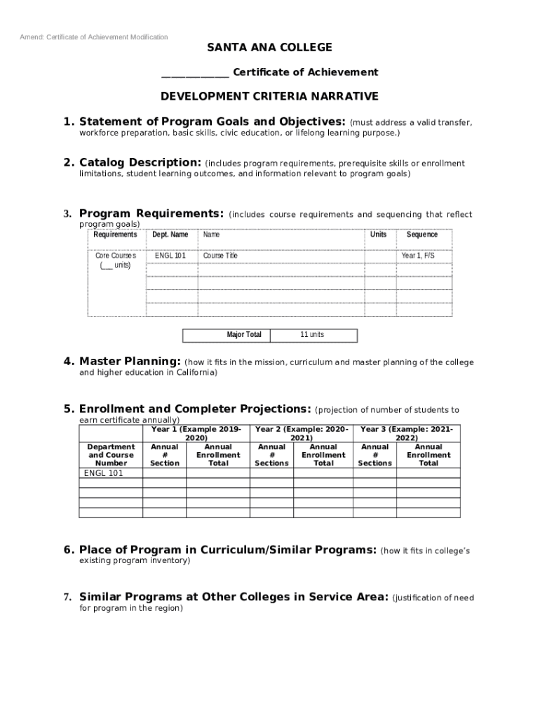 Revised Certificate of Achievement Narrative Doc Template | pdfFiller