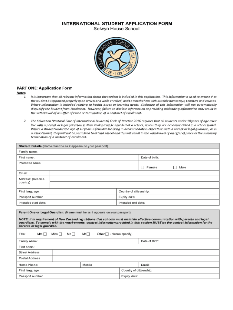 Fillable Online selwynhouse school International Student Application ...