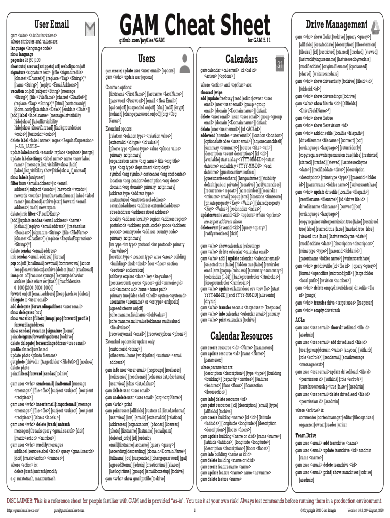 Fillable Online GAM Cheat Sheet 1.6.3 A3 BW. A3 BW Cheat Sheet v1.6.3 for GAM https Fax Email ...