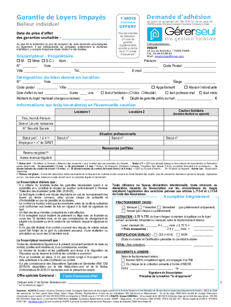 Fillable Online Caution loyer, garanties et assurances des locataires - ANIL Fax Email Print ...