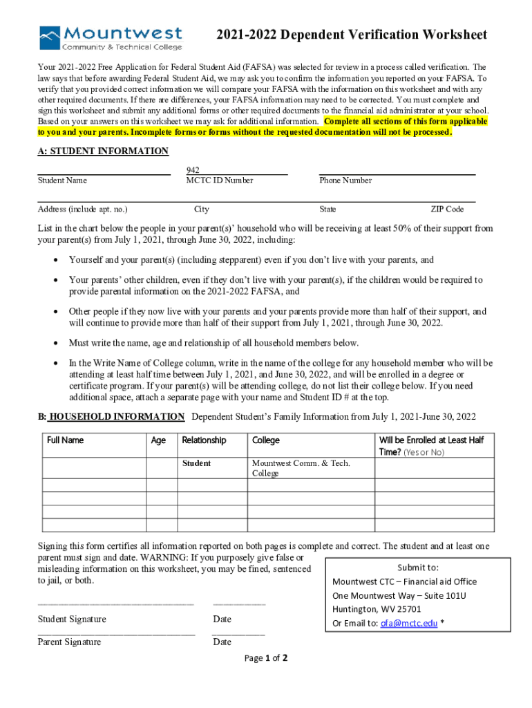 Fillable Online 20212022 Dependent Verification Worksheet (V5 ...