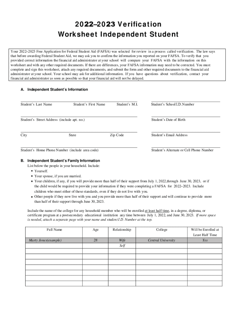 Fillable Online 20222023 Verification Worksheet for Independent Student ... Fax Email Print ...