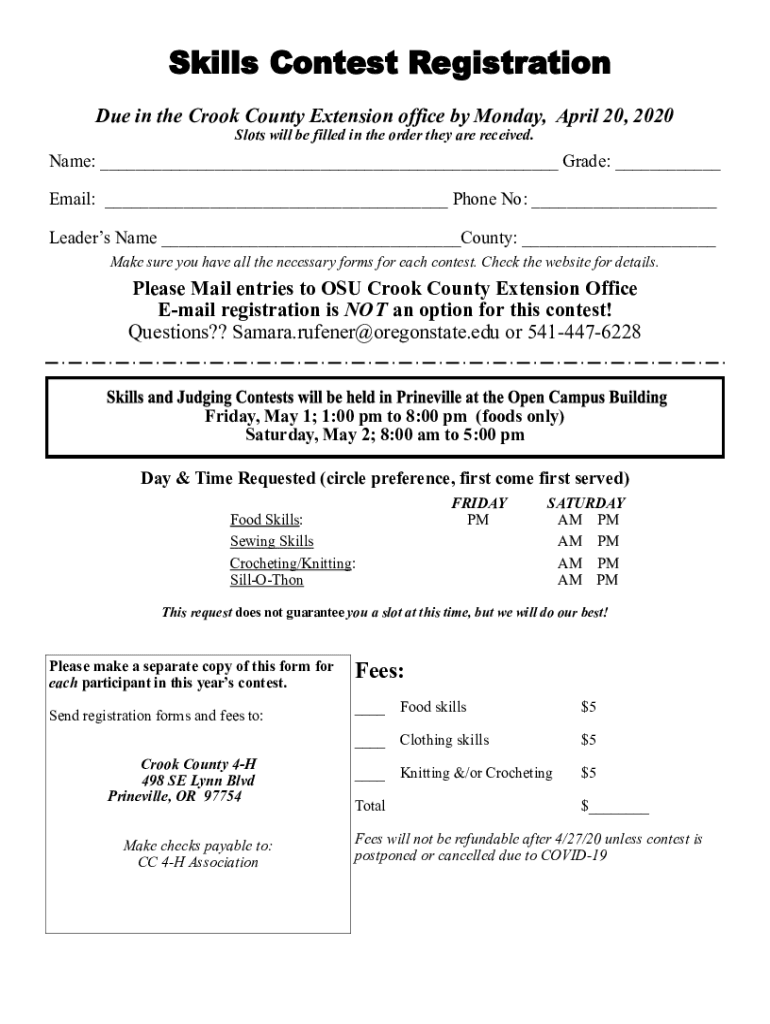 Fillable Online extension oregonstate Skills Contest Registration - OSU ...