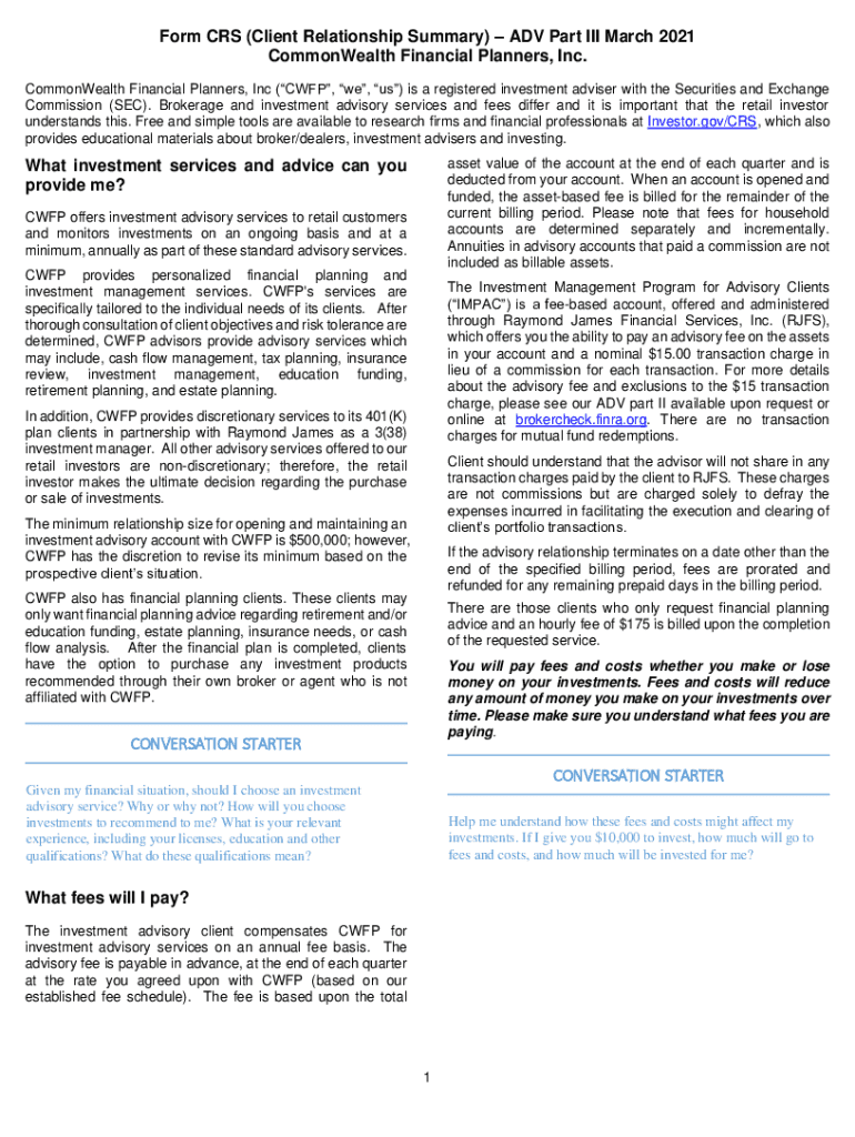 Fillable Online Form CRS (Client Relationship Summary) ADV Part III ...