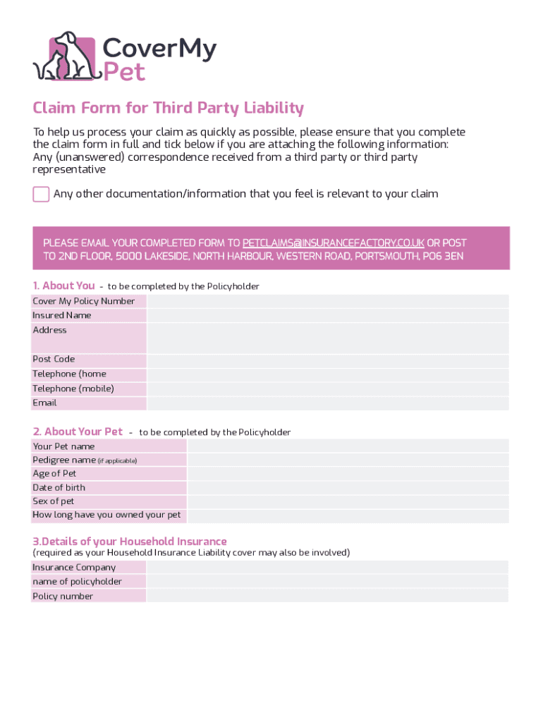Fillable Online Claim Form for Third Party Liability - Cover My ...