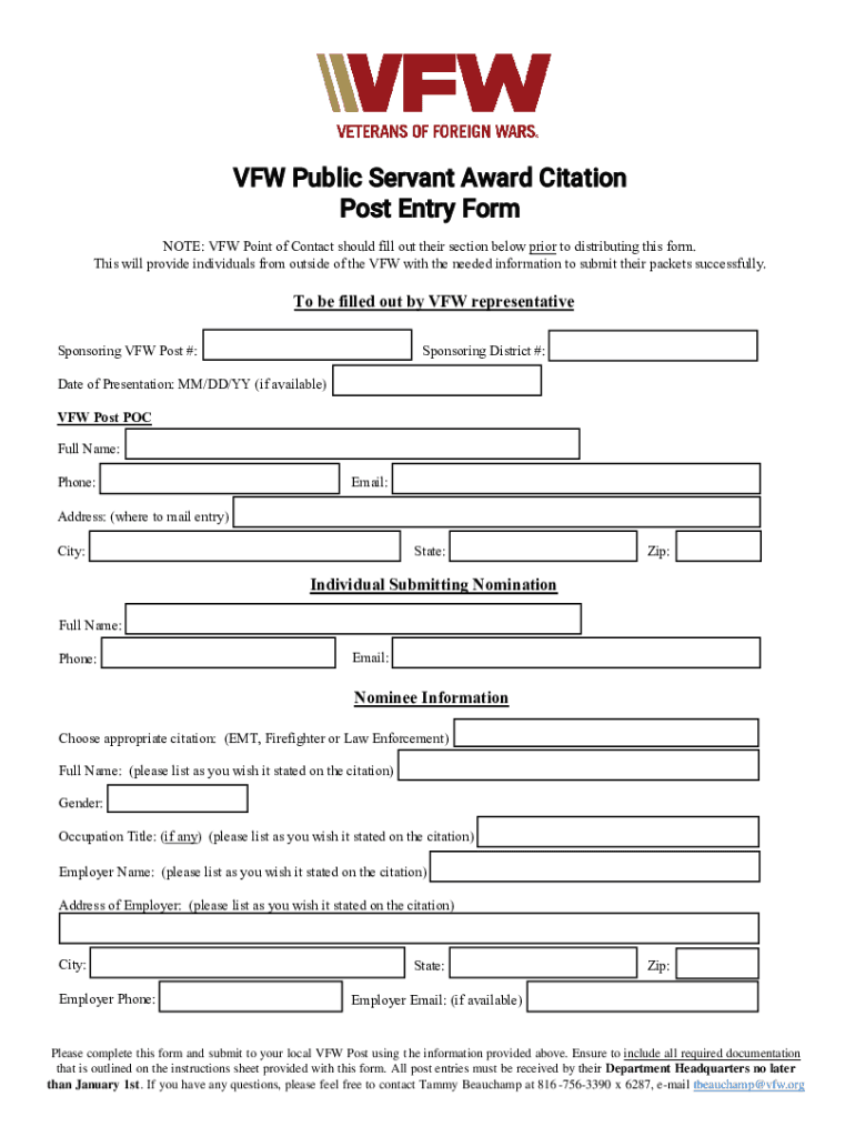 Fillable Online PROGRAM TABLE OF CONTENTS VFW DEPARTMENT OF ... Fax ...