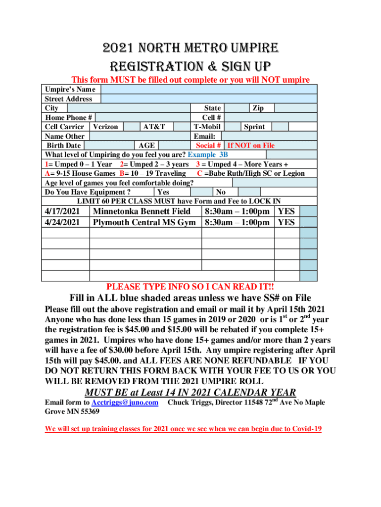 Fillable Online Umpire Registration - North Metro Little League Fax ...