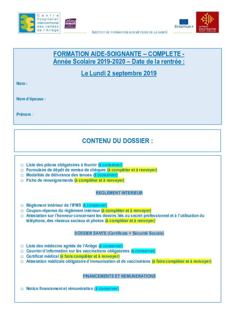Fillable Online DOSSIER D'INSCRIPTION SELECTION FORMATION AIDE ... Fax Email Print - pdfFiller