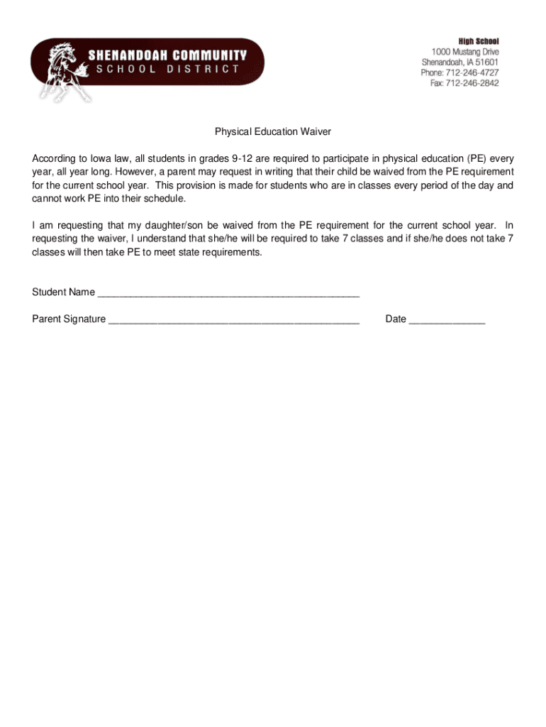 Fillable Online High School Physical Education Waiver Application Fax Email Print - pdfFiller