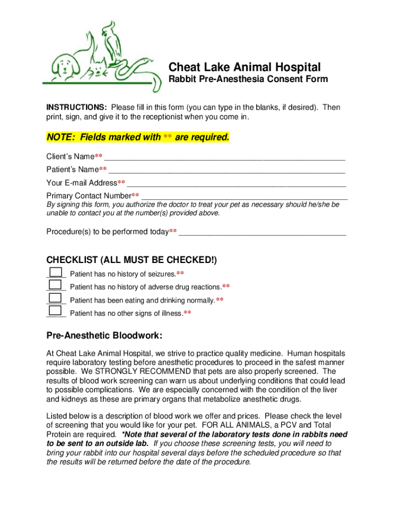 Fillable Online Rabbit Pre-Anesthesia Consent FormCheat Lake Animal ...