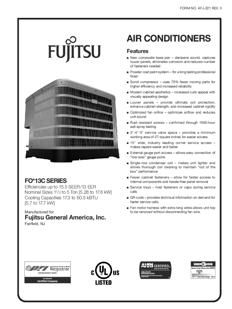 Fillable Online specification sheet afj - Fujitsu General Global Fax ...