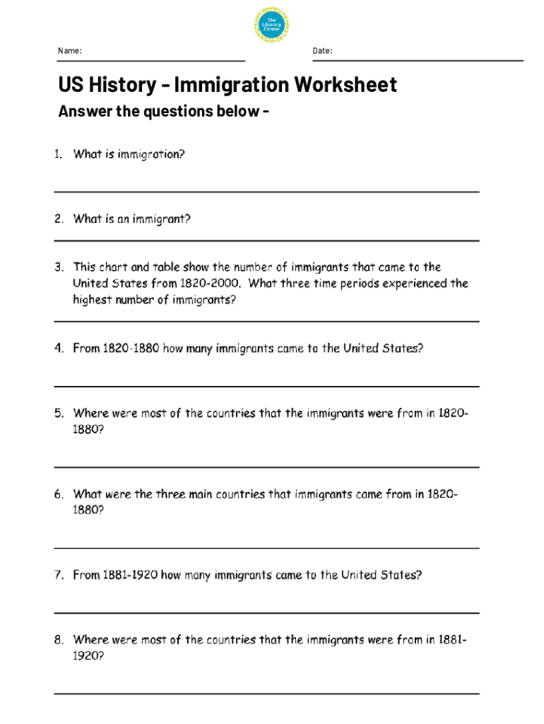 Fillable Online US History - Immigration Worksheet Fax Email Print ...