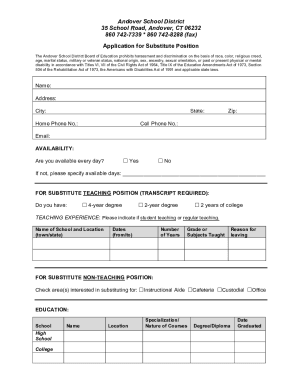 Fillable Online Application for Substitute Position - Andover Elementary School Fax Email Print ...