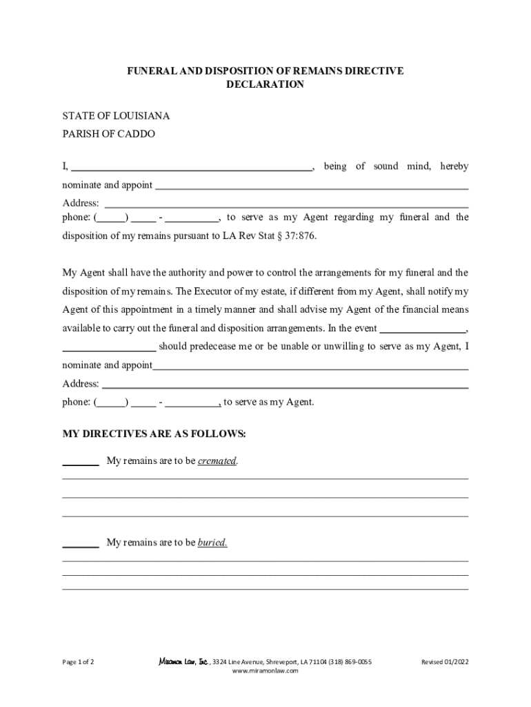 Fillable Online authorization / direction to cremate - Lafayette ...