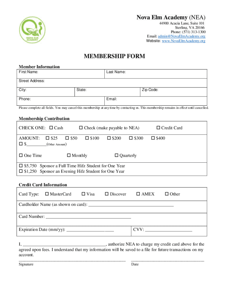 Fillable Online Nova Elm Academy (NEA) MEMBERSHIP FORM Fax Email Print - pdfFiller