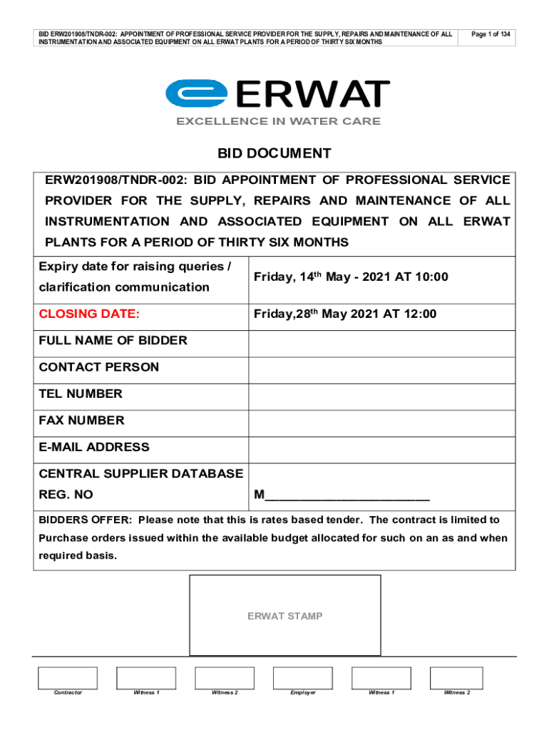 Fillable Online BID APPOINTMENT OF SERVICE PROVIDER FOR ... - ERWAT Fax ...