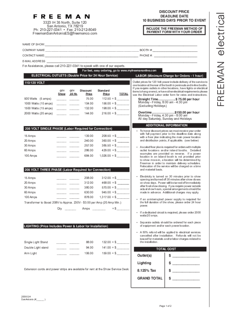 Fillable Online Freeman - Electrical Order Form GH Rates.indd Fax Email ...