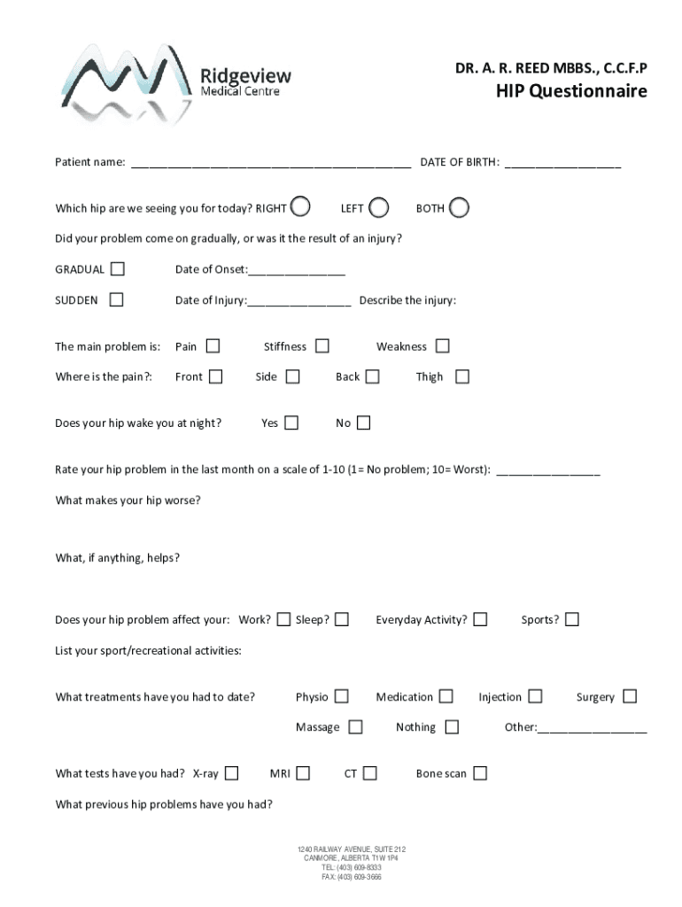 Fillable Online HIP Questionnaire - Ridgeview Medical Centre Fax Email ...