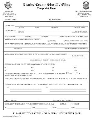 Fillable Online Complaint Form - Charles County Sheriff's Office Fax ...