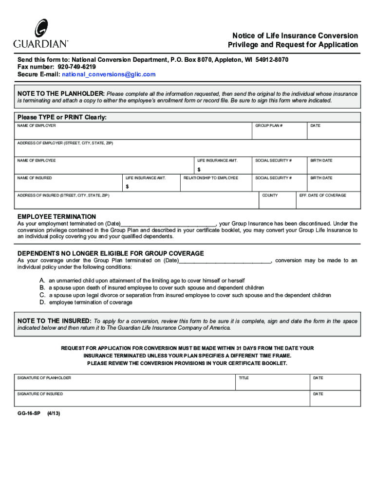 Fillable Online Notice of Life Insurance Conversion Privilege and ...