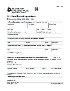 Fillable Online 2022 Enrollment Request Form - Preferred Care Network Fax Email Print - pdfFiller
