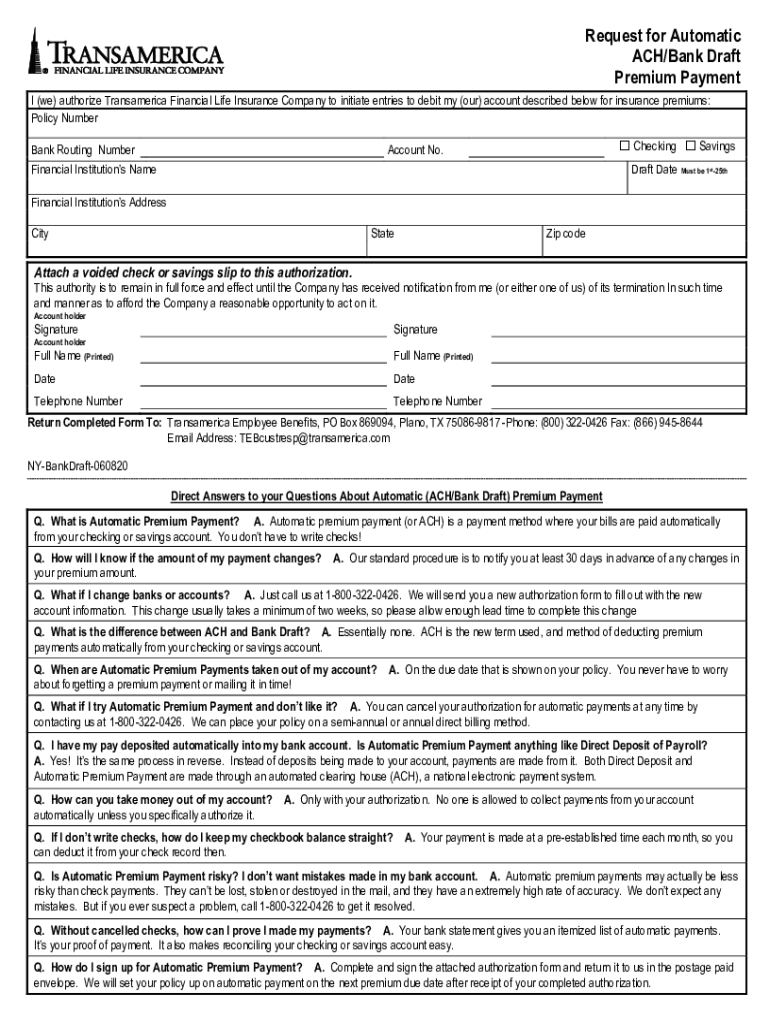 Fillable Online Request for Automatic ACH/Bank Draft Premium Payment ...