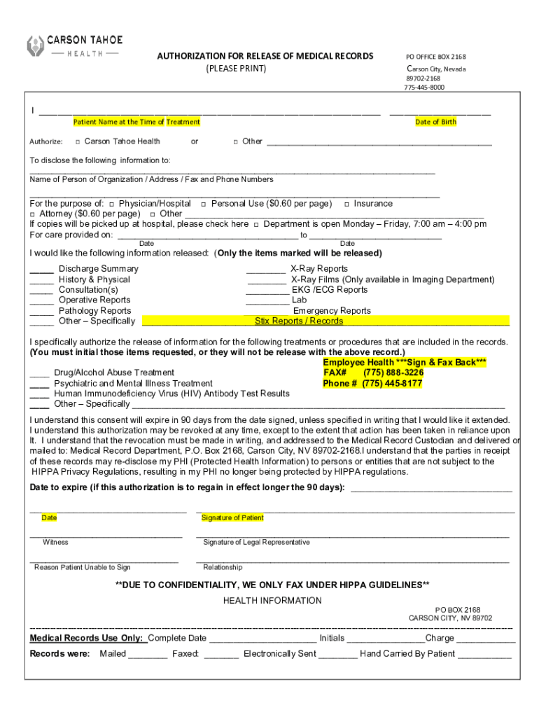 Fillable Online Authorization for the Release of Protected Health ...