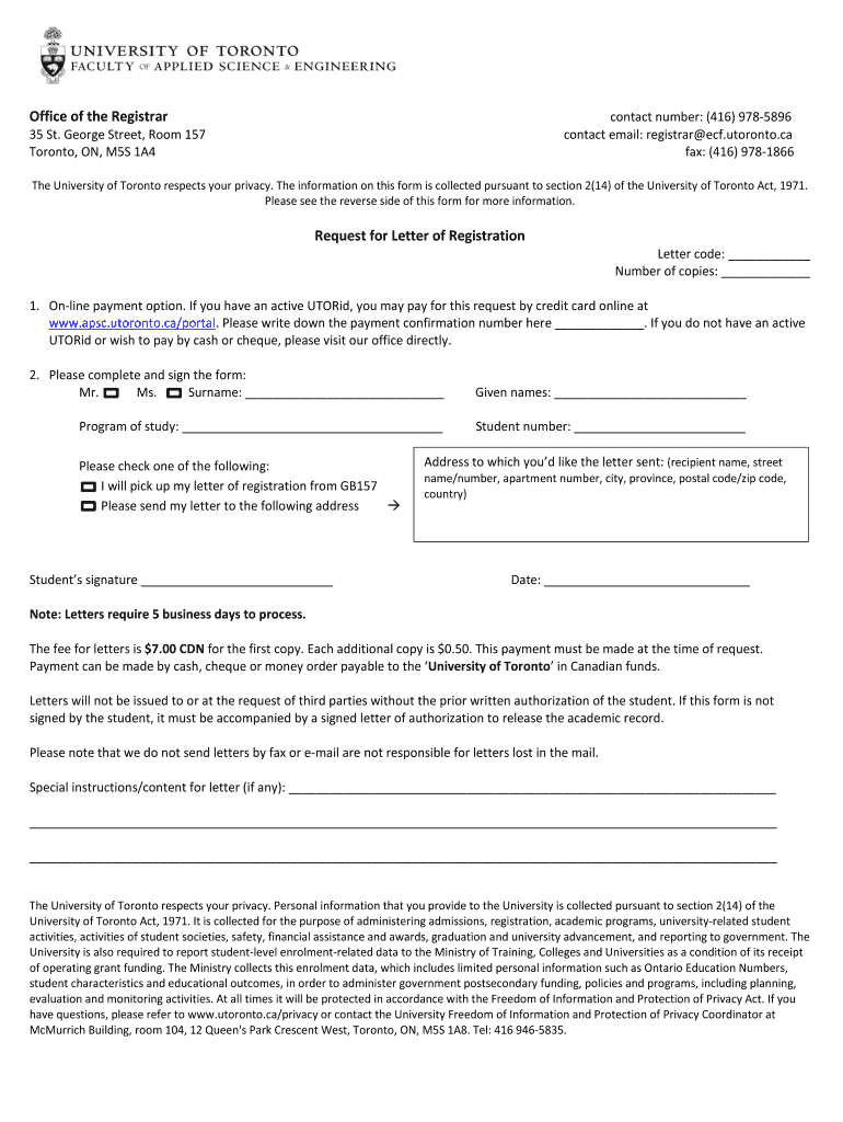 Fillable Online undergrad engineering utoronto Office of the Registrar ...