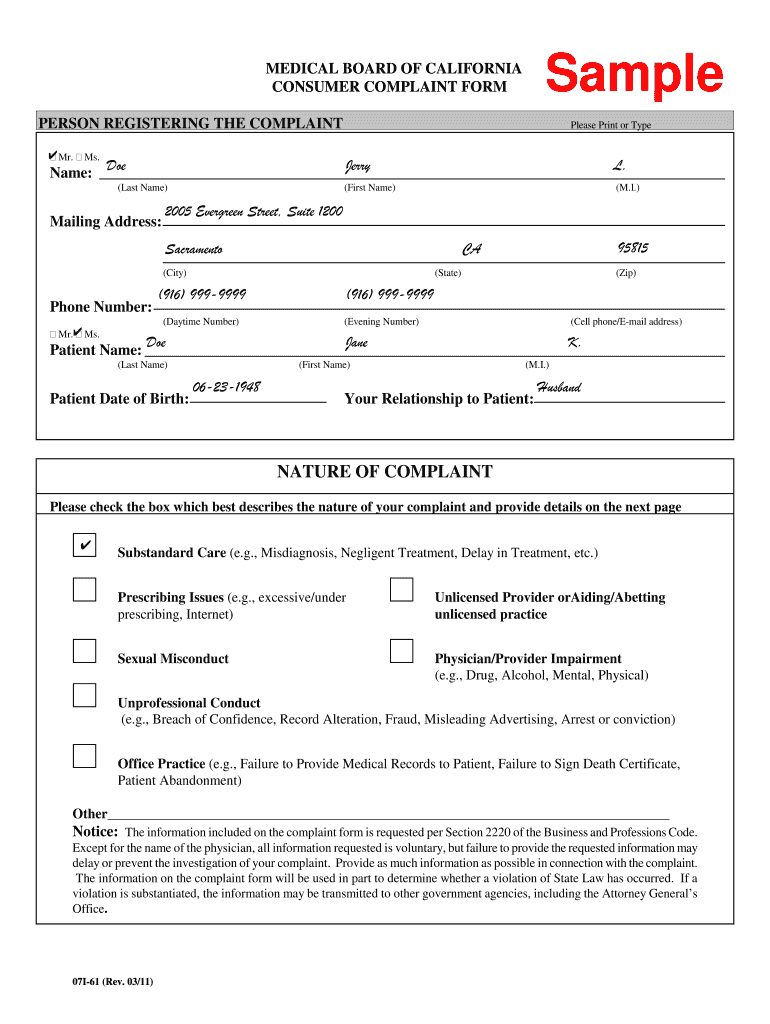 Fillable Online mbc ca Sample Consumer Complaint Form - mbc ca Fax ...