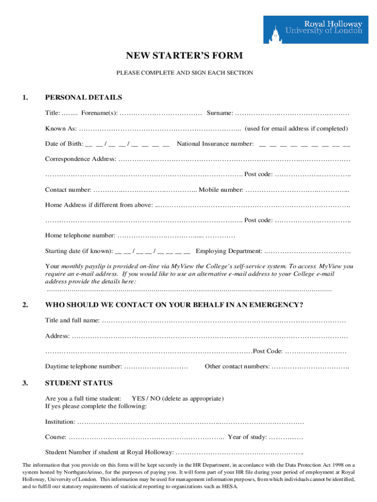 Fillable Online Fillable Online rhul ac New Starters Form - Royal Holloway ... Fax Email Print ...