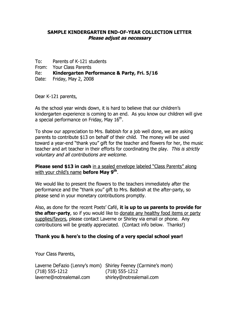 Fillable Online SAMPLE KINDERGARTEN END-OF-YEAR COLLECTION LETTER Fax ...