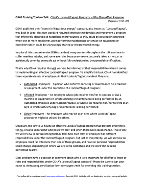 Fillable Online OSHA Training Toolbox Talk OSHA s LockoutTagout Fax ...